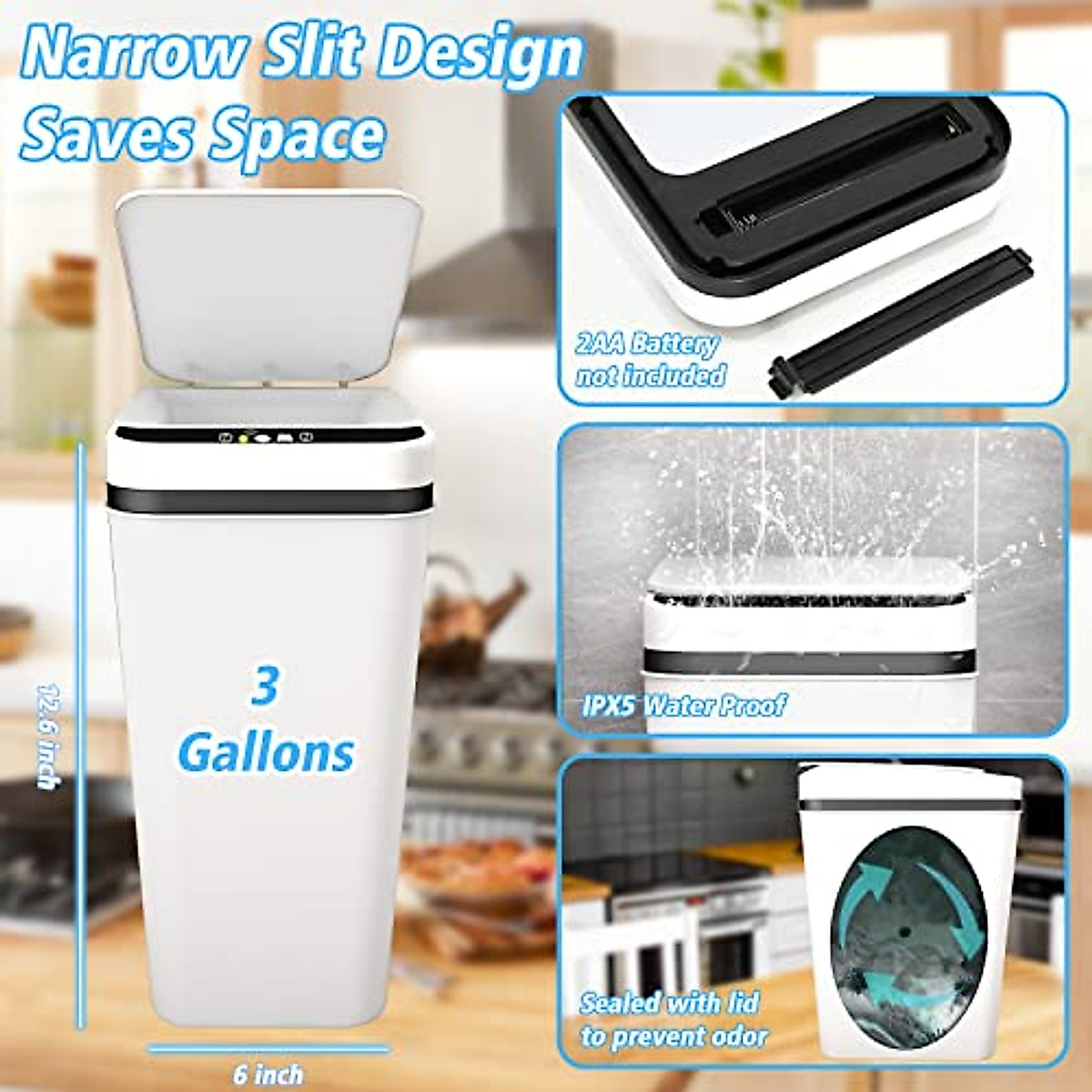 jinligogo 2Pack Bathroom Small Trash Can with Lid Touchless Automatic Garbage Can, 2.2 Gallon Slim Waterproof Motion Sensor Smart Trash Bin for Bedroom, Office, Living Room (Grey)