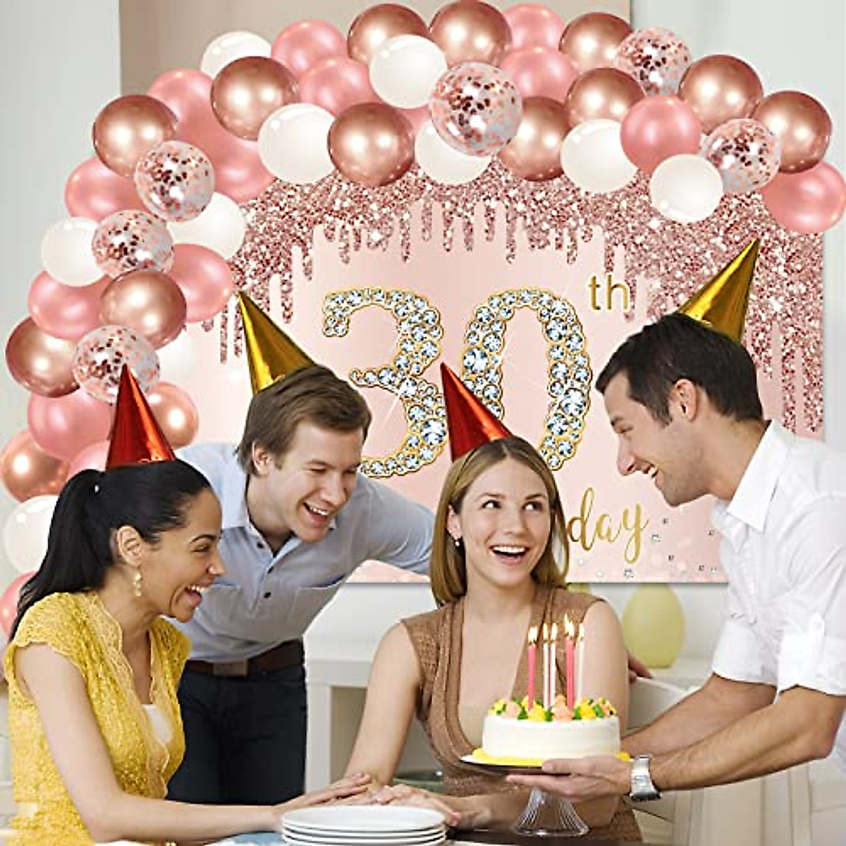 Happy 30th Birthday Banner Backdrop Decorations with Confetti Balloon Garland Arch, Rose Gold 30 Birthday Banner Balloon Set for Women, Pink 30 Year Old Bday Poster Photo Booth Decor
