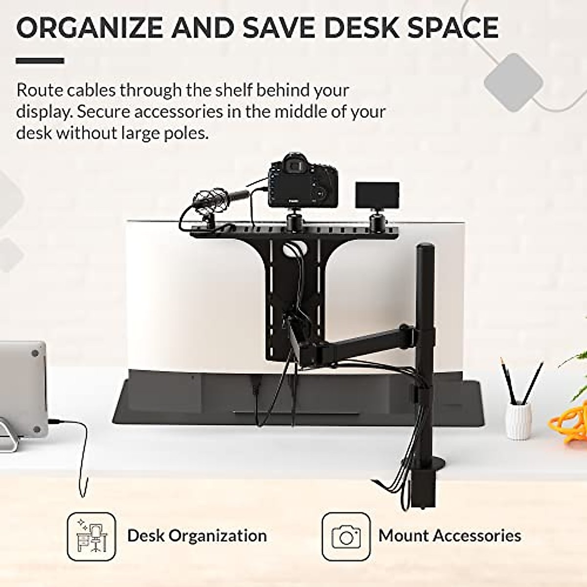 HumanCentric DSLR Monitor Mount – Monitor Shelf for Desk Camera Mount, Light Webcam and Microphone Camera Shelf for Monitor VESA Arm, Replace Clamp Tripods for Camera Desk Mount, Large