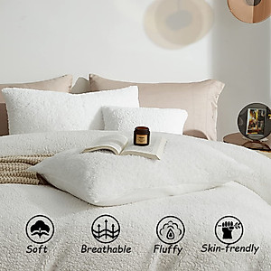 CinYana Sherpa Fleece Duvet Cover Set 5 Piece Double-Sided Luxurious Plush Comforter Covers Set Super Soft Reversible Fuzzy Plush Warm Bedding Sets (White, Queen)