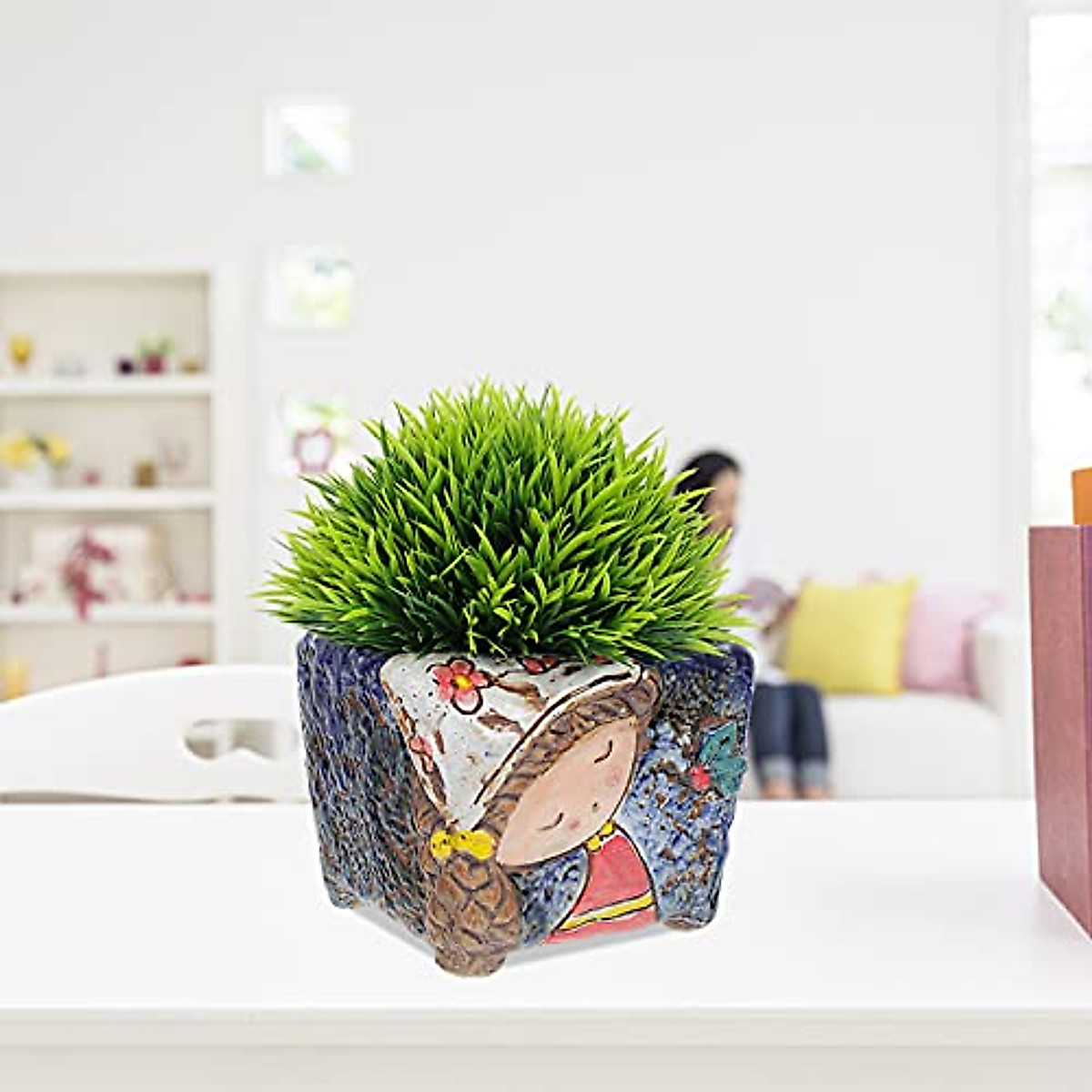 Happyyami Home Decor Outdoor Planters Pottery Succulent Planter Pot Cute Hand Painted Boy Flower Plant Pots Handicraft Bonsai Plant Vase Container for Home Office Decor Blue Indoor Planters Desk Decor