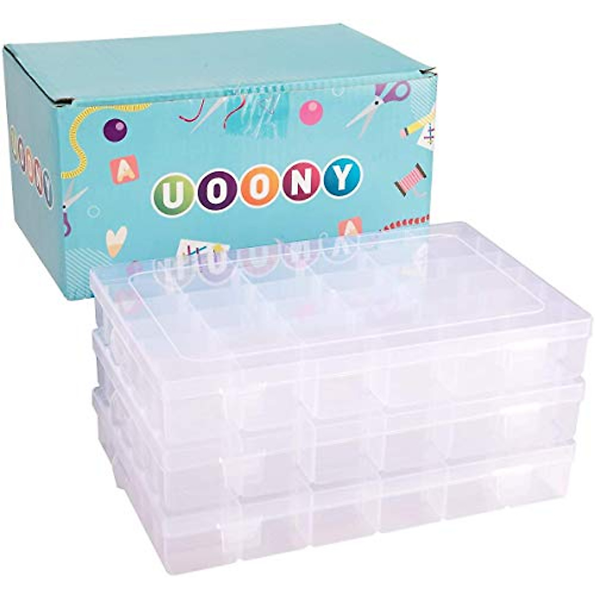 UOONY 3 Pack 36 Grids Plastic Organizer Box Craft Storage with Adjustable Dividers, Bead Organizer Container for Earrings Fishing Tackles Crafts Jewelry Thread with 400pcs Label Stickers