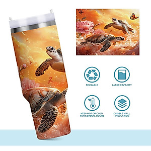 Slewiaeky Tumbler with Handle 40 oz Funny Ocean Turtle Travel Mug with Lid and Straw Butterfly Stainless Steel Vacuum Insulated Water Bottle Cup for Iced Tea Coffee Cold Beverages Cup Holder Friendly