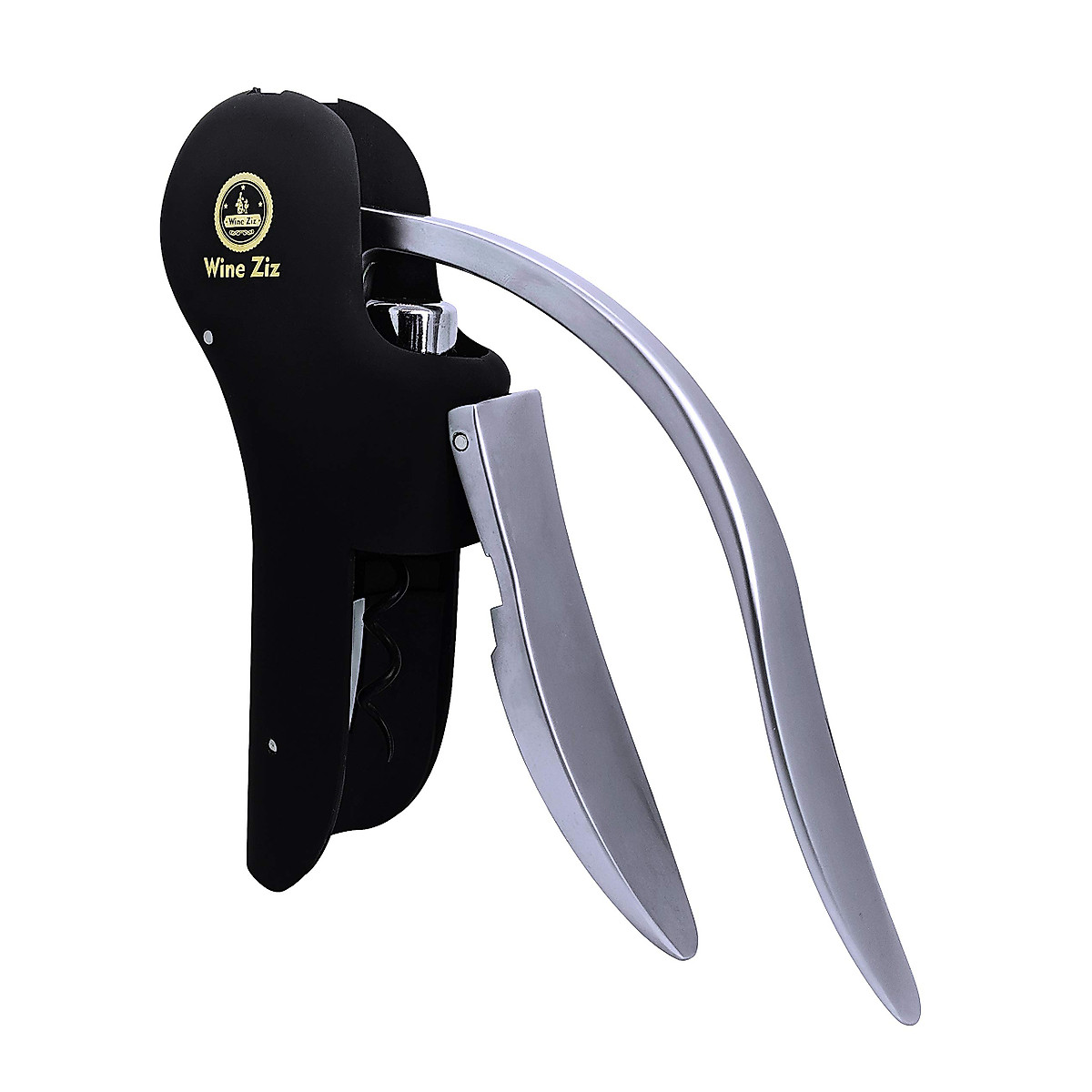 Wine Ziz Black Screw-pull Lever Corkscrew Wine Bottle Opener Set with Bonus Foil Cutter Tool and Extra Spare Corkscrew Spiral, Heavy-Duty Metal Manual Cork Screw, Best Wine Gift Kit (Silver)