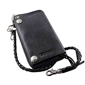 New Men's Biker Rocker Long Genuine Leather Wallet w/Purse Chain Black