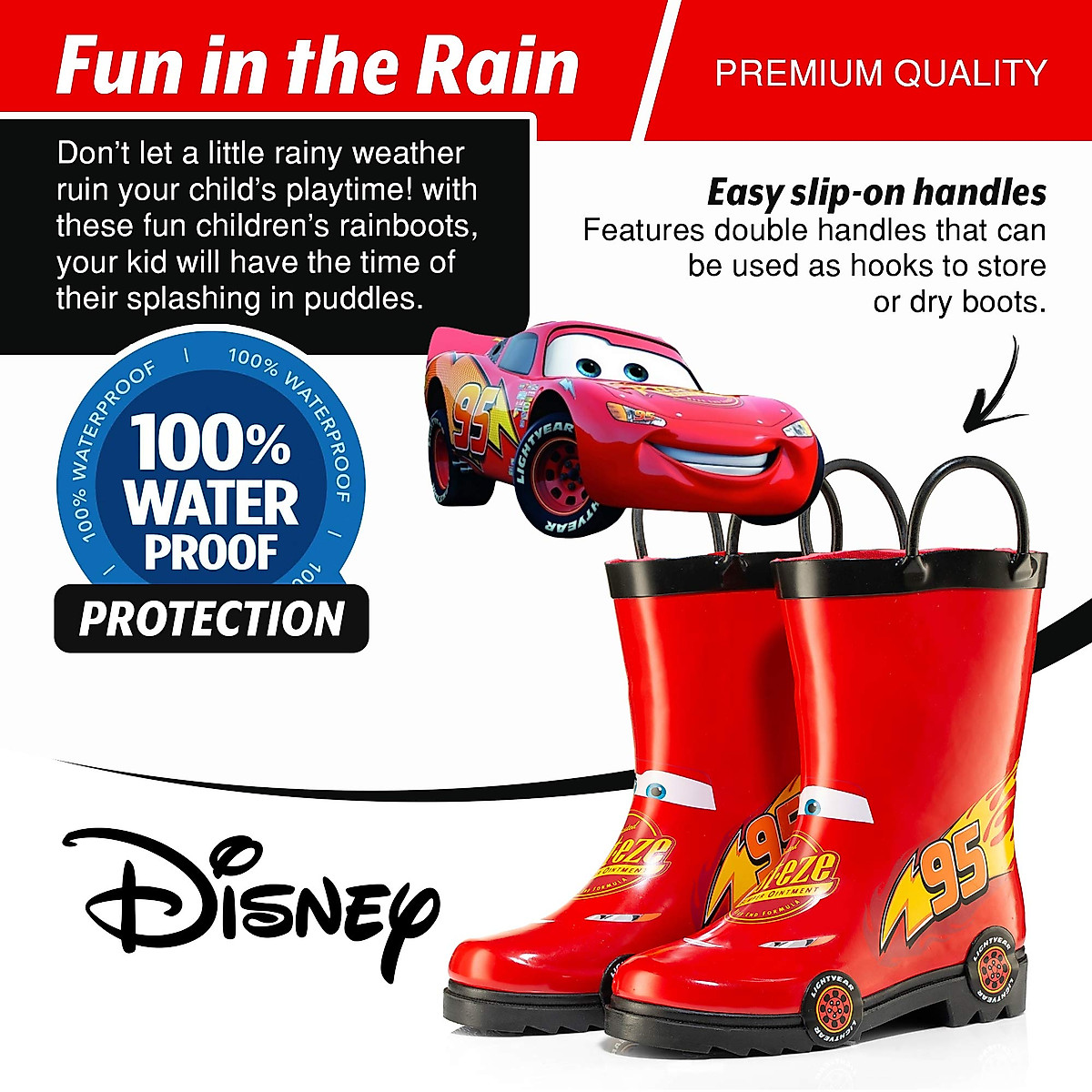 Disney Cars Kids Lightening Mcqueen Rust eze Boys Waterproof Easy-On Red Rubber Rain Boots - Size 11 Little Kid