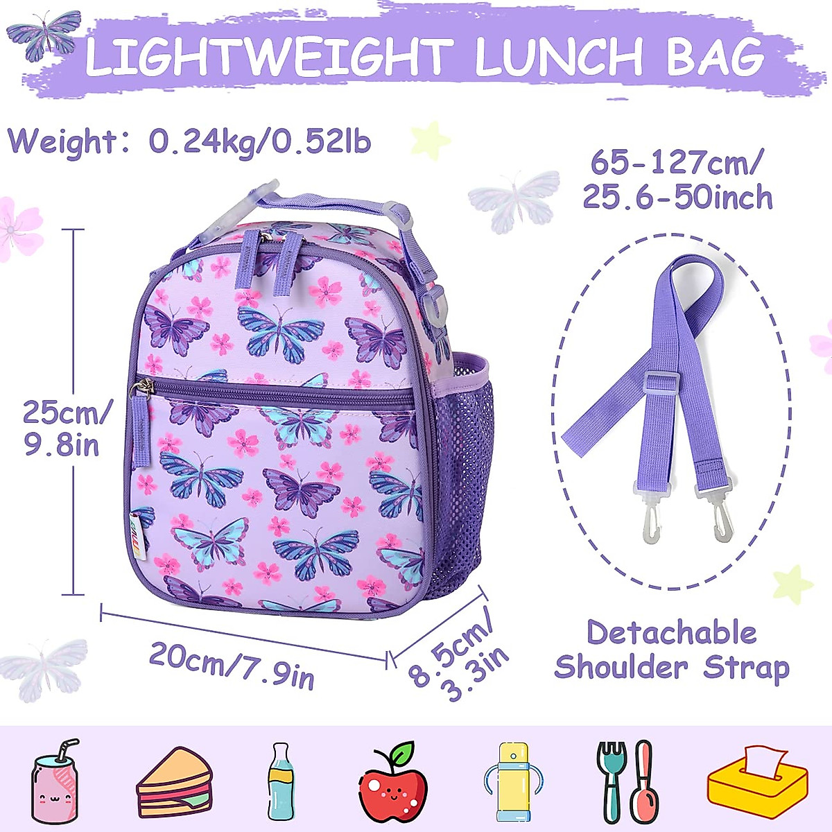 RAVUO Lightweight Butterfly School Backpack Bookbag and Lunch Bag Box Lunchbox Set for Girls