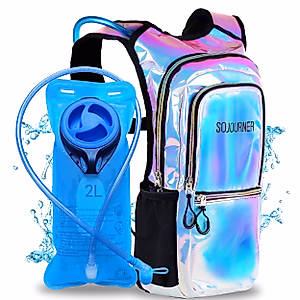 SOJOURNER Rave Hydration Pack Backpack - 2L Water Bladder Included for Festivals, Raves, Hiking, Biking, Climbing, Running and More (Holographic - Blue)