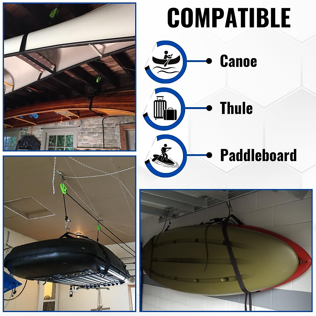 Tie Boss Kayak Hanger, Cargo Ceiling Storage, Overhead Storage, Watercraft Garage Storage, Hoist System. Green