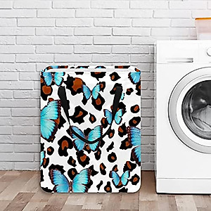 Blue Butterfly on Animal Background Print Collapsible Laundry Hamper, 60L Waterproof Laundry Baskets Washing Bin Clothes Toys Storage for Dorm Bathroom Bedroom