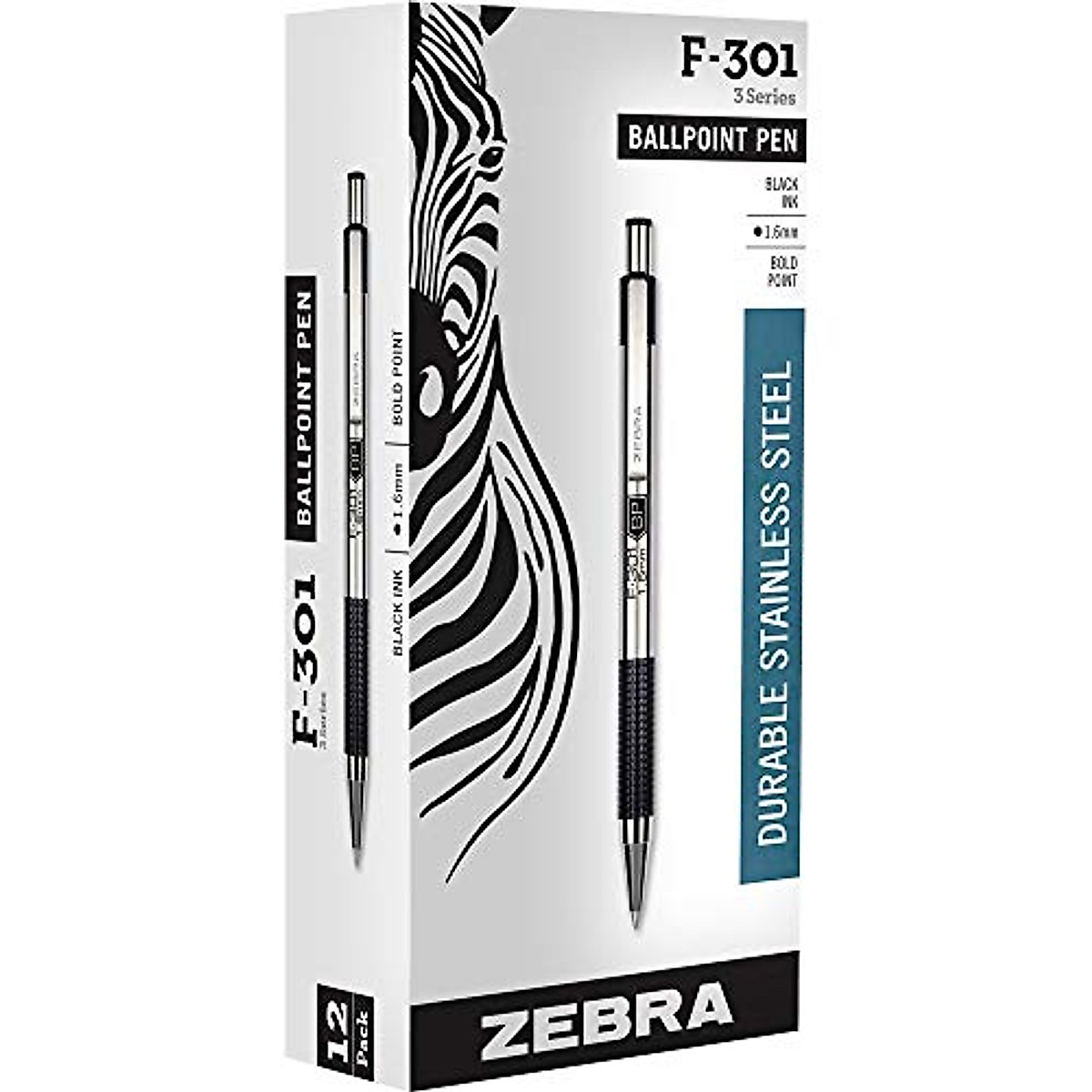 Zebra Pen F-301 Retractable Ballpoint Pen, Stainless Steel Barrel, Bold Point, 1.6mm, Black Ink, 12-Pack