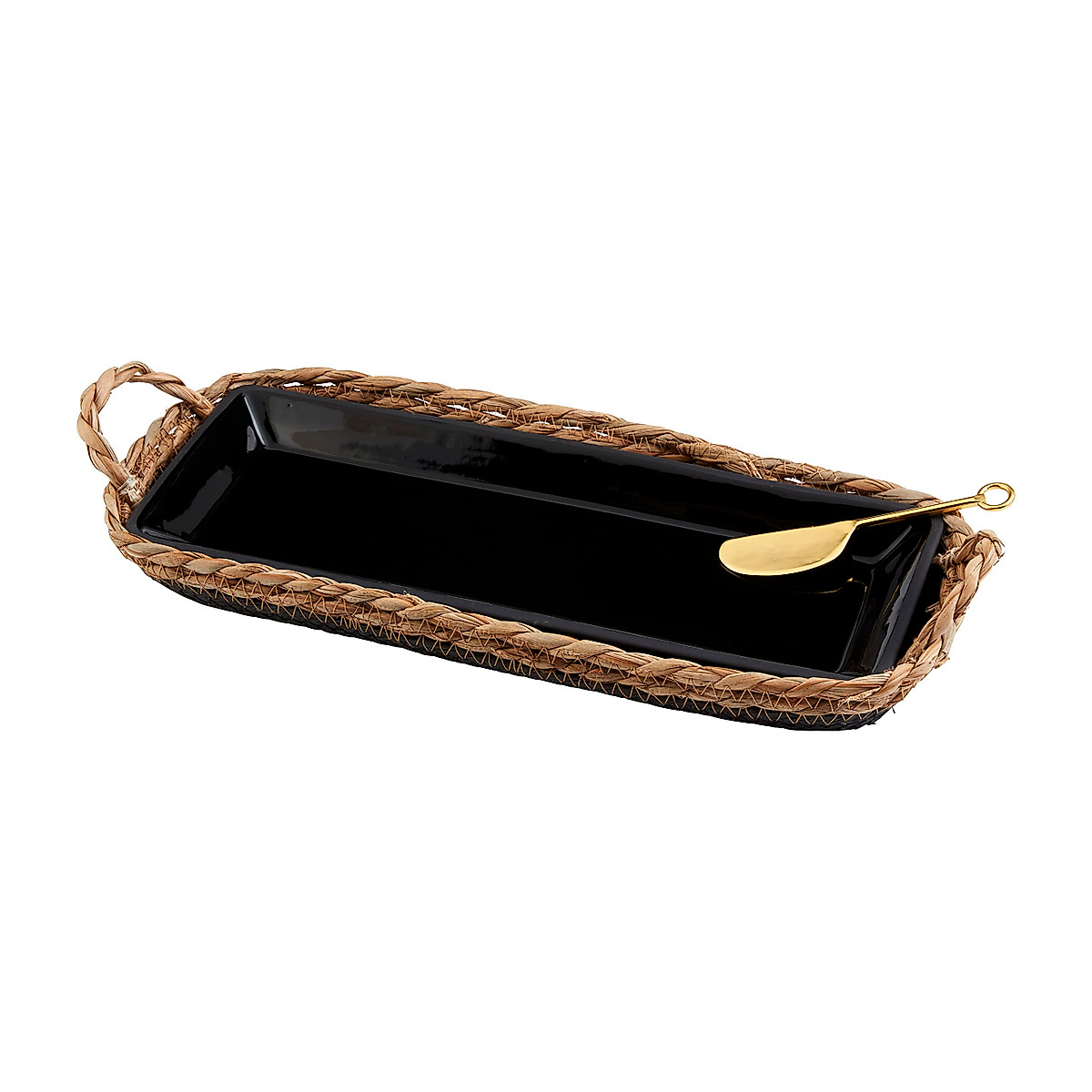 Mud Pie Black Woven Tray Platter Set, 5" x 13" | Basket 6" x 14" | Spreader 5 1/2"