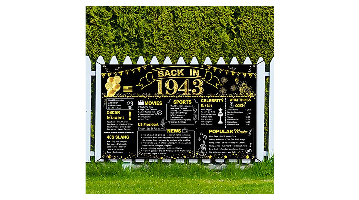 DARUNAXY 80th Birthday Banner - Vintage Black & Gold 1943 Decor
