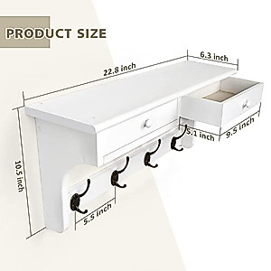 Emfogo Coat Hooks Wall Mounted, 23'' Rustic Wood Coat Rack Wall Mount Shelf with Hooks, Farmhouse Wall Coat Rack with Shelf & Vintage Coat Hook for Entryway, Mudroom, Bedroom, Kitchen, Bathroom