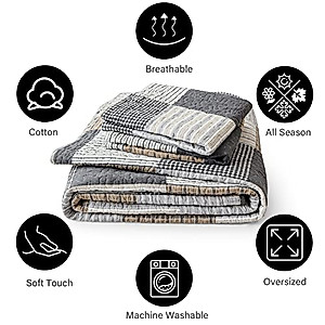 PANGUSHAN 100% Cotton Quilt Set Queen Size,Patchwork Plaid Queen Quilt Bedding Set Bedspreads,Farmhouse Lightweight Comforter,Grey/Gray/Black/Tan/White/Cream Reversible Quilt for Queen Bed,3 Pieces