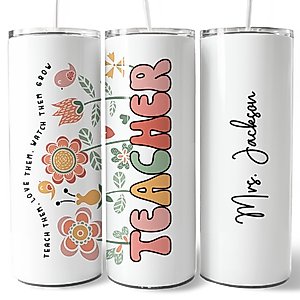 Fleur&Bay Teacher Appreciation Gifts for Women - Personalized Teacher Tumbler With Straw - Daycare Preschool Birthday Back to School Gifts Ideas - Customized Cup With Name - 20 oz Travel Coffee Mug