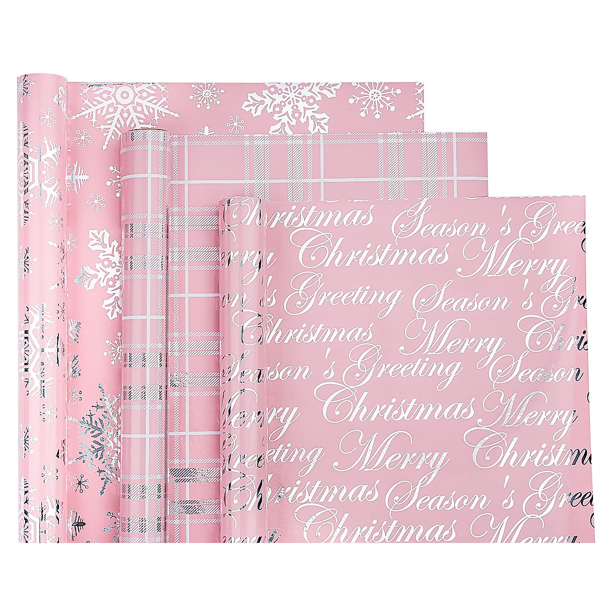 WRAPAHOLIC Christmas Wrapping Paper Roll - Mini Roll - 3 Rolls - 17 Inch X 120 Inch Per Roll - Pink with Silver Metallic Foil Snowflake, Plaid, Merry Christmas Lettering