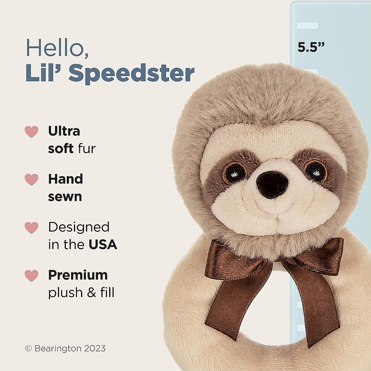 Bearington Collection Baby Lil’ Speedster, 5.5 Inch Sloth Plush Stuffed Animal Soft Ring Rattle, Sloth Baby Stuff
