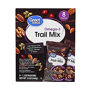 Great Value Omega-3 Trail Mix, 1.5 oz, 8 Count Snack Pouches (Pack of 3)
