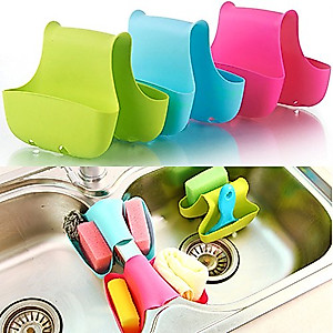 AIFUDA 3 Pack Saddle Silicone Sink Caddy, Sponge Soap Brush Holder Basket Organizer Storage for Kitchen (Blue, Green, Pink)