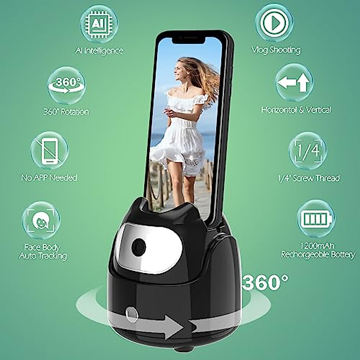 Auto Face Tracking Tripod 360 ° Rotation,Smart Face Motion Tracking Tripod,Selfie Cell Phone Holder Camera Stand,No App Required, for Tiktok, Video Recording Vlog,Live Streaming, YouTube