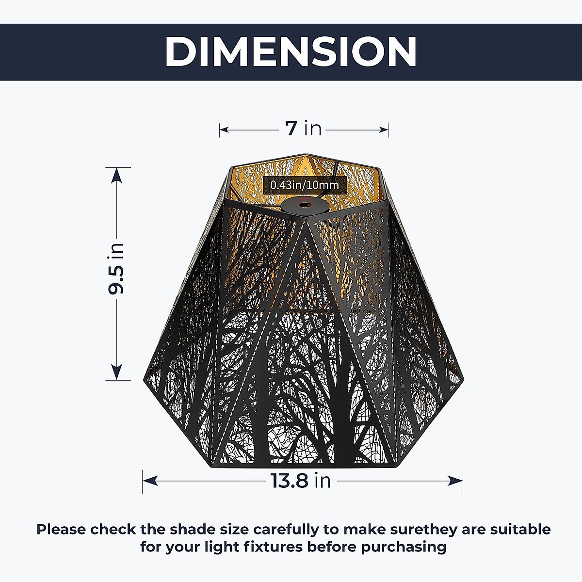 Medium Modern Style Lamp Shades with Multiple Sides, ALUCSET Metal Lampshade with Pattern of Trees for Table Lamp and Floor Light, 7 x 13.8 x 9.5 Inch, Spider (Black/Gold)