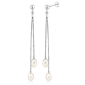 Gem Stone King 925 Sterling Silver Cultured Freshwater Pearl Drop Dangle Long Earrings For Women (Pearl Size: 7-7.5MM, Length: 3 Inch)