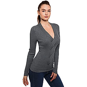 AmélieBoutik Women V Neck Twist Front Cable Knit Long Sleeve Ribbed Sweater (Dark Gray Small)