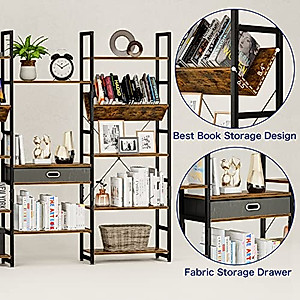 NUMENN Triple Wide 5 Tier Bookshelf, Adjustable Rustic Industrial Style Book Shelves, Modern Bookcases and Bookshelves Furniture for Bedroom, Living Room and Home Office, Vintage Brown