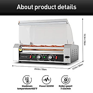Leconchef Hot dog roller machine Commercial Grade Stainless Steel Electric 24 Hot Dog 7 Roller Grill Cooker Machine with Detachable Glass Cover、Dust cover and LED Lights, 1200-Watts