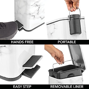 mDesign Slim Metal Rectangle 1.3 Gallon/5 Liter Trash Can with Step Pedal, Easy-Close Lid, Removable Liner - Narrow Wastebasket Garbage Container Bin for Bathroom, Bedroom, Kitchen - White Marble