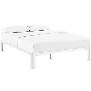 Modway Corinne Steel Modern Mattress Foundation Queen Bed Frame with Wood Slat Support in White