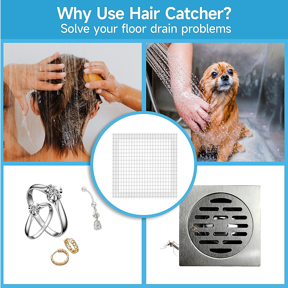 50 Pack, VIVIDLY Disposable Shower Drain Cover Hair Catcher Shower Drain Mesh Stickers, Bathroom, Laundry, Bathtub, Kitchen, Sink, Drain, for Human and pet Hair Catcher (Square 50 PCS)