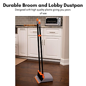 BirdRock Home Broom and Dustpan Set - Lobby Dust Pan - Orange and Grey Durable Set - Indoor or Outdoor - Sweep Combo Great for Kitchen, Home, Garage and Office - Clip On Self Cleaning Bristles