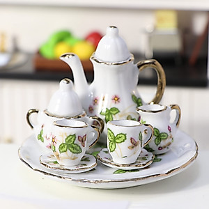 Dollhouse Tea Cup Sets 1:6 Scale Miniature Porcelain Dollhouse Accessories 8PCS Flower Pattern Teapot Platter Dish Sets Dollhouse Kitchen Supplies Decoration (Green)