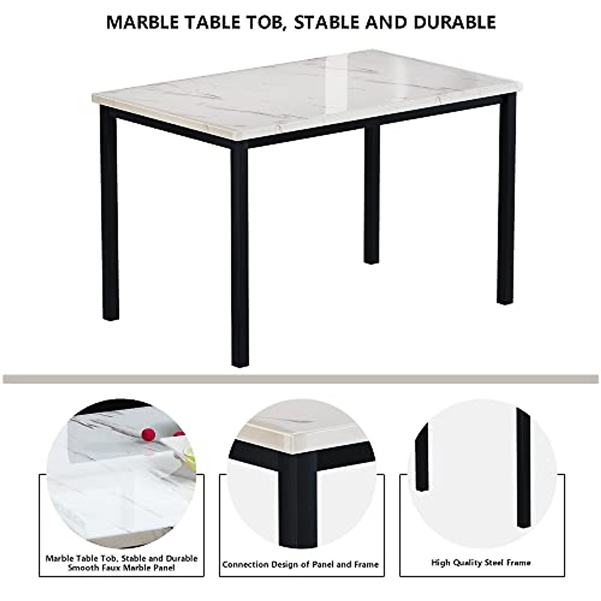 Lamerge Kitchen Tables Set for 4, Dining Faux Marble Top Table and 4 PU Leather Chairs, 5 Pieces Dining Room Table Set for Small Space, Breakfast Nook and Apartment, Black