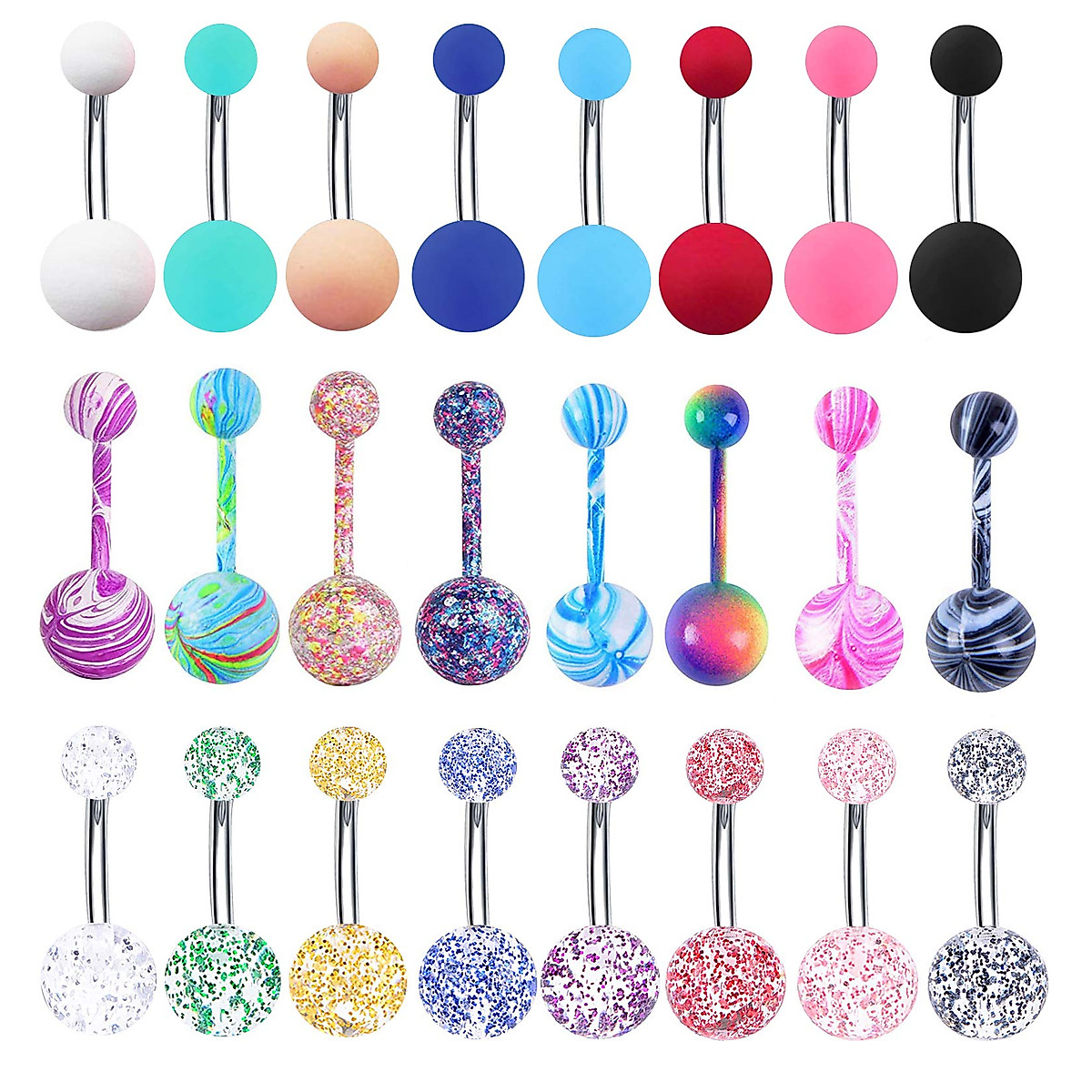 EVELICAL 24Pcs 14G Stainless Steel Belly Button Rings for Women Screw Navel Bars Body Piercing Jewelry Set Style 2