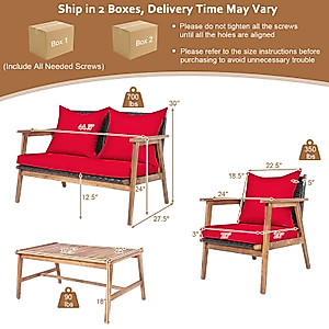 Tangkula 8-Piece Patio Furniture Set, Outdoor Acacia Wood Conversation Set with Cushions and Coffee Table, Outdoor PE Wicker Sectional Sofa Set for Garden, Poolside and Backyard (2, Red)