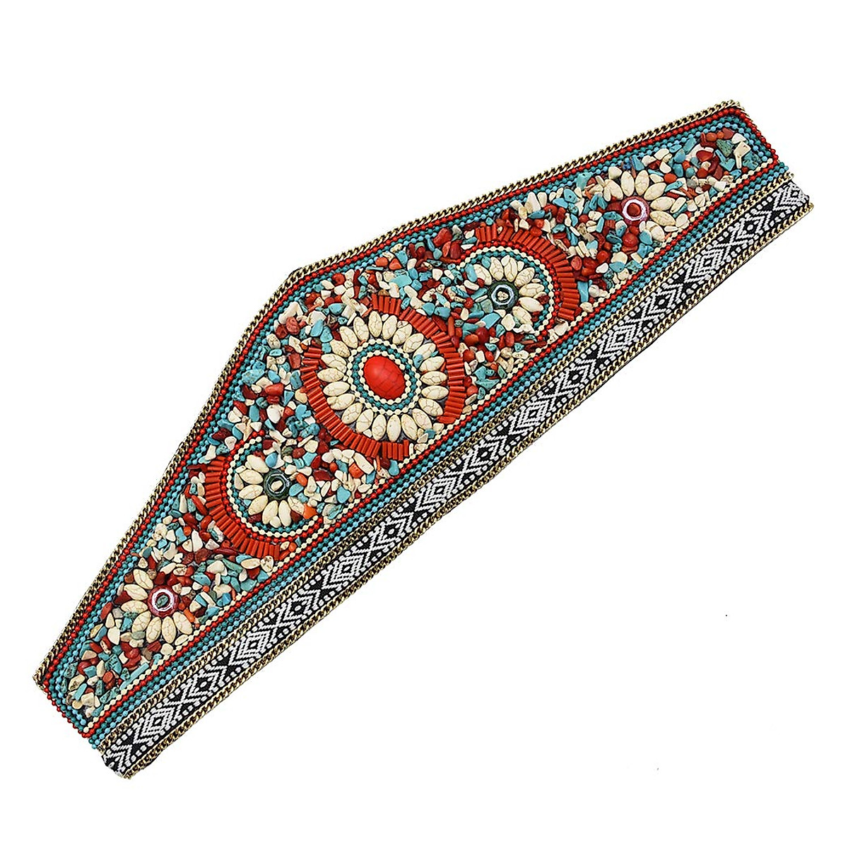NSLS Elastic Waist Belt Bohemian Adjustable Wide Waist Chain with Turquoise Beads Stone for Women Dancing Dress(A)