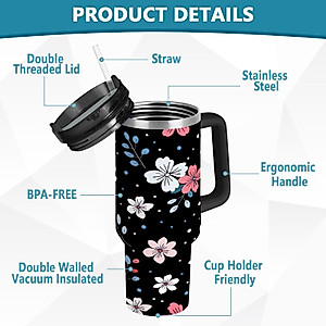 FRCSDIY Beautiful Flowers Insulated Tumbler with Handle and Straw Lid,30oz Leakproof Stainless Steel Cup BPA-Free Water Bottle