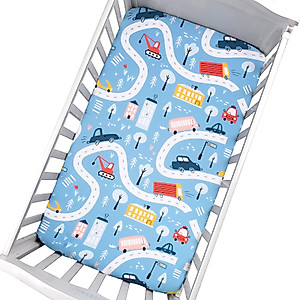 Cloele Fitted Crib Sheet - Baby Nursery Sheet 100% Polyester 1 Pack Cozy Bed Sheet for Standard Crib and Toddler Mattresses - Blue Car Nursery Bed Sheet Infant Baby Toddler Sheet for Baby
