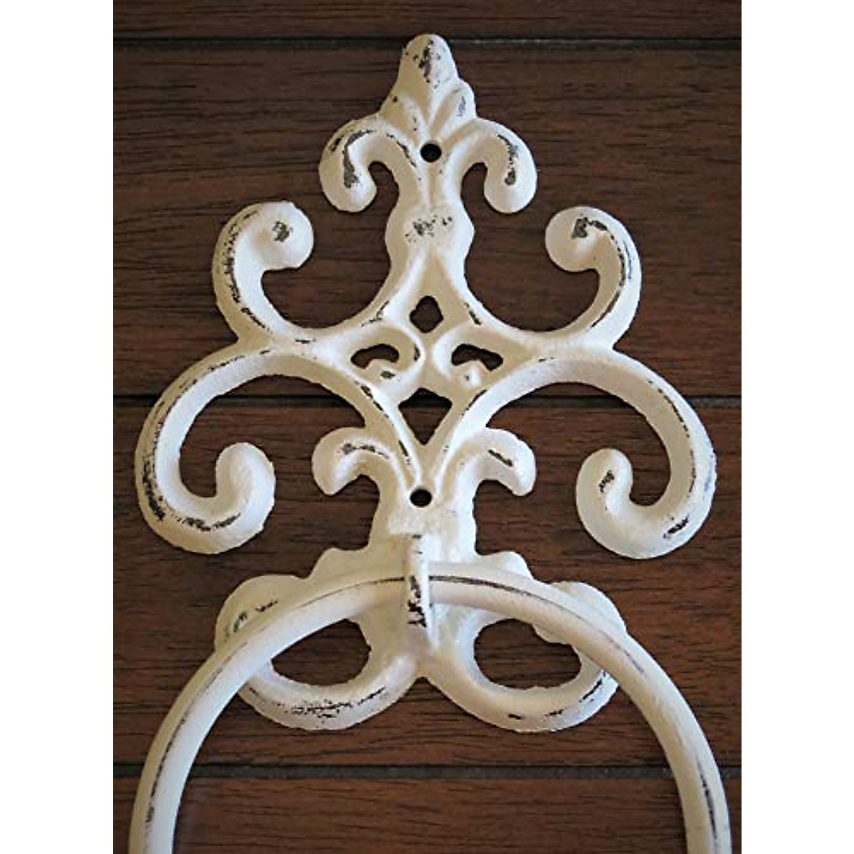 Shabby Chic Towel Ring, Antique White or Pick Color Towel Hanger, Heavy Cast Iron Bathroom Towel Hook, Fleur de Lis Design
