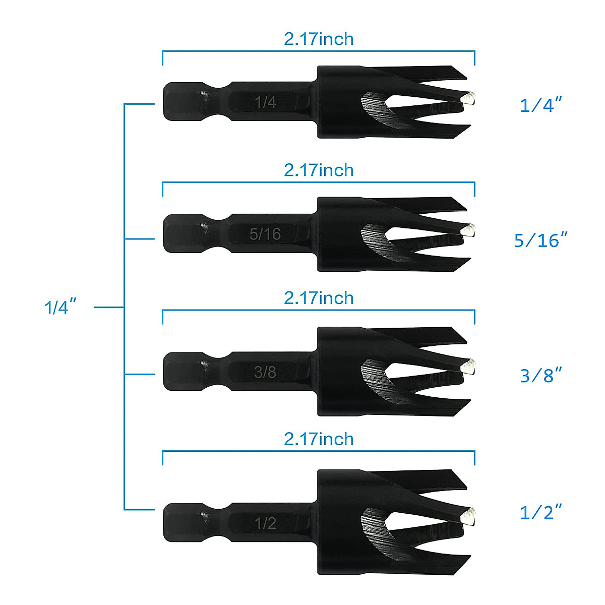 Wood Plug Cutters, 4 pcs Straight Wood Plug Cutters & 4 pcs Tapered Plug Cutters Set with 1/4 Hex Shank, Taper Cutting Tool Cork Drill Bit Knifes in 4 Sizes 1/4", 5/16", 3/8", and 1/2" Black