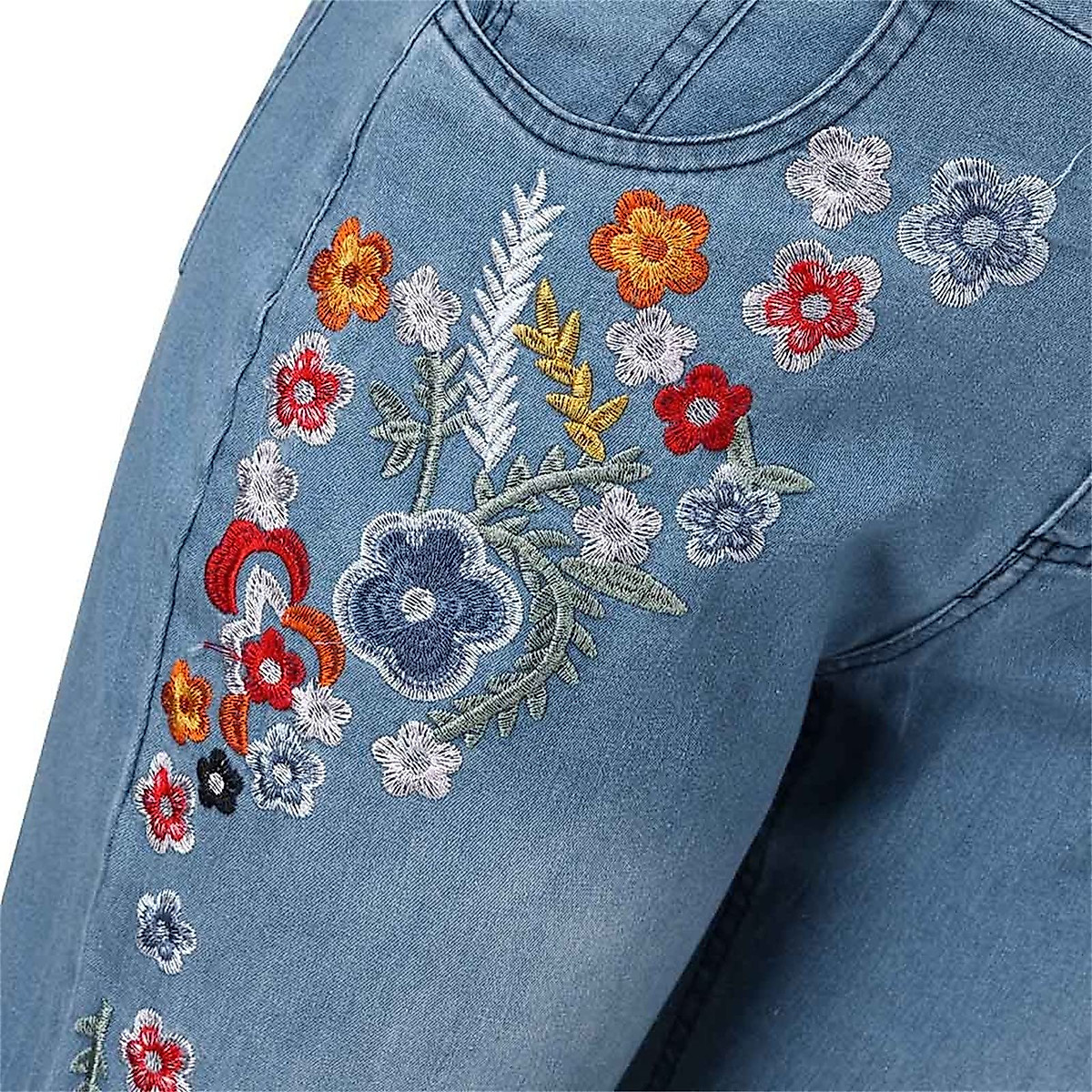 Women's Embroidery Destoryed Flare Jeans Button Waist Bell Bottom Summer Casual Trouser Comfortable Denim Pants（Light Blue,XX-Large）