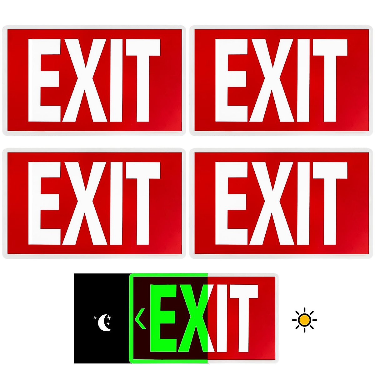 EXIT Sign - Glow In The Dark Photoluminescent EXIT Sign- 12"x7" Red With Adhesive Backing and Removable Directional Arrows Waterproof, Fade Resistant,4-Pack Exit Signs for Business