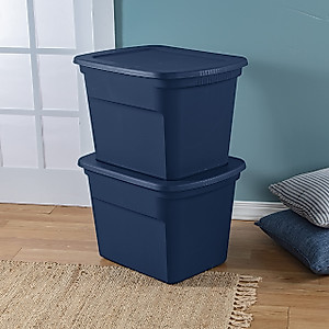 Sterilite 18 Gal Storage Tote, Stackable Bin with Lid, Plastic Container to Organize Clothes in Closet, Basement, Blue Base and Lid, 8-Pack