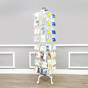 64 Adjustable Pockets Display Rack 5x7 7x5 up to 9.3" Wide X 8" Tall Cards, 1.27" deep Pockets, Double Tier Greeting Post Card Christmas Holiday Spinning Rack Stand White 10139-WHITE
