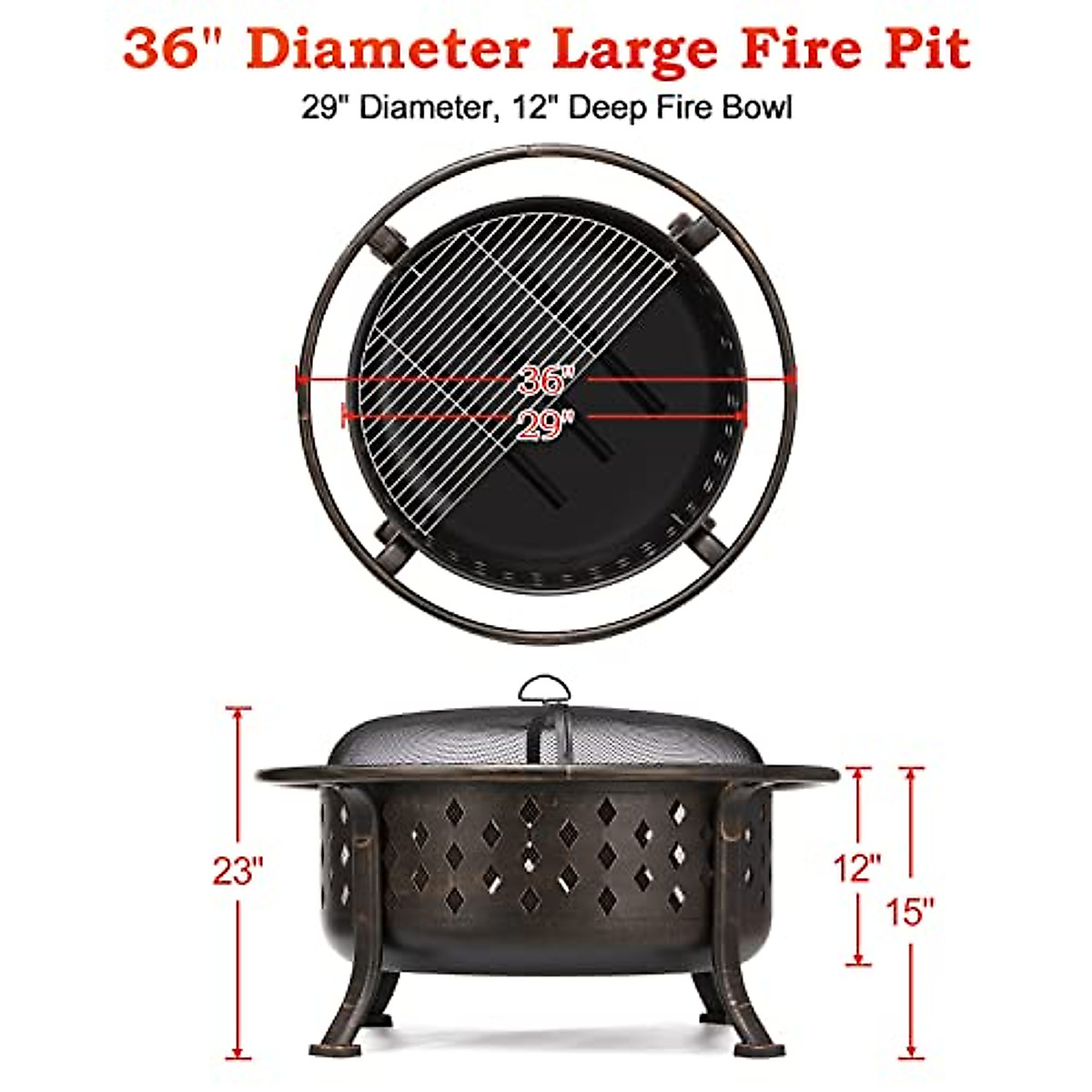 SINGLYFIRE 36 Inch Fire Pits for Outside Large Outdoor Wood Burning Crossweave firepit Heavy Duty Steel Bronze Bonfire Pit for Patio Backyard Garden with BBQ Grate,Spark Screen,Log Grate,Poker