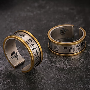 Copper and 925 Sterling Silver Eye of Horus Ring Two Tone Ancient Egyptian Hieroglyphics Band Ring Punk Jewelry for Men Women Open and Adjustable 8mm Size M