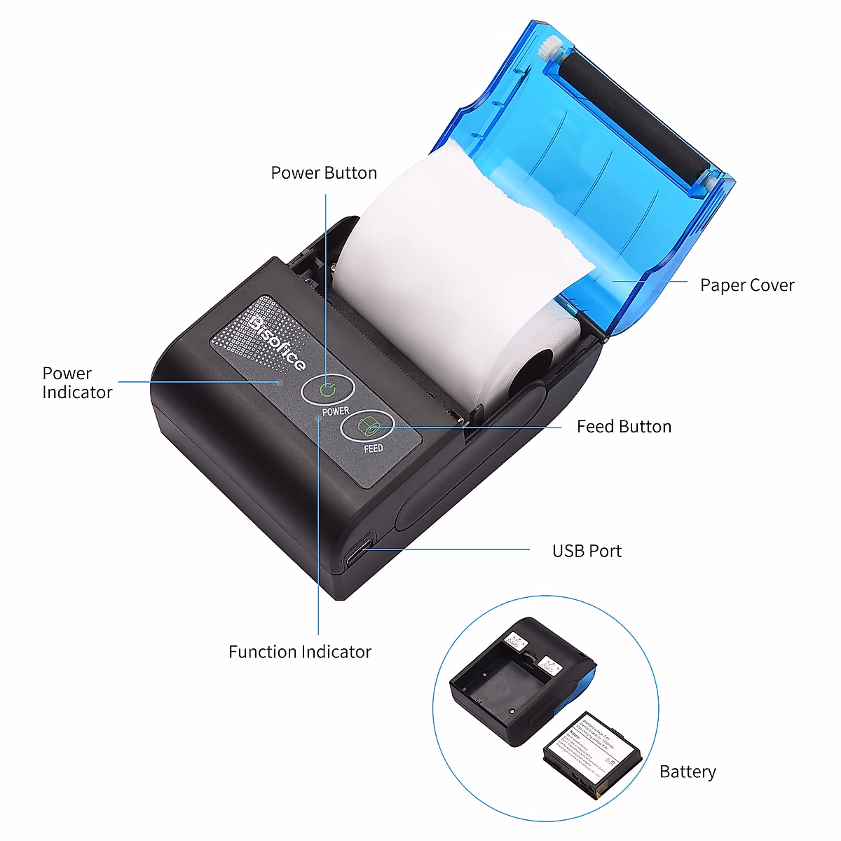 Irfora Portable Mini Thermal Printer 2 inch Wireless USB Receipt Bill Ticket Printer with 58mm Print Paper Compatible with iOS Android Windows for Restaurant Sales Retail